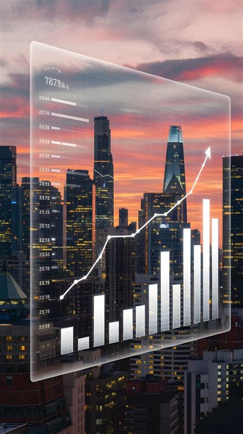 City At Sunset With Digital Bar Chart Overlay Representing Data