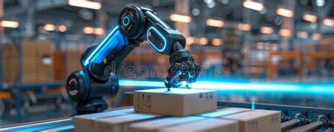 Robotic Arm Working In An Industrial Setting Handling And Sorting Packages With Precision Stock