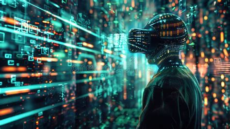 a hacker wearing a vr headset navigates a virtual world surrounded by