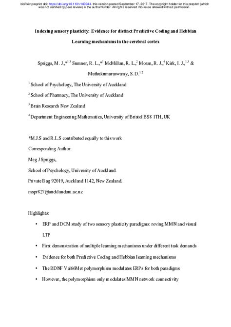 Pdf Indexing Sensory Plasticity Evidence For Distinct Predictive