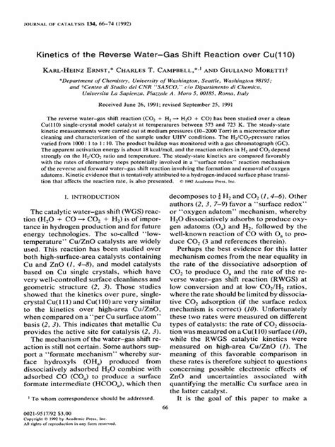 Kinetics Of The Reverse Water Gas Shift Reaction Over Cu Pdf Adsorption Catalysis
