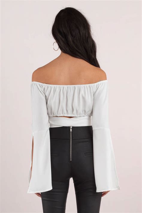 Trendy White Crop Top Front Tie Crop Top White Off Shoulder Top