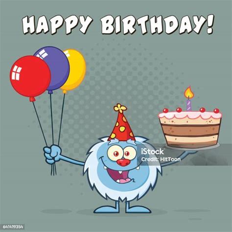 행복 한 작은 설 인 만화 마스코트 캐릭터 파티 모자를 착용 하 고 풍선 생일 케이크를 들고 Bigfoot에 대한 스톡 벡터 아트 및 기타 이미지 Istock