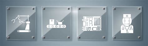 로봇 의사 전자 컴퓨터 부품 마더 보드 디지털 칩 골판지 상자가있는 컨베이어 벨트 및 산업 기계 로봇 로봇 팔 손 공장을 설정하십시오 정사각형 유리 패널 벡터 Cpu에 대한