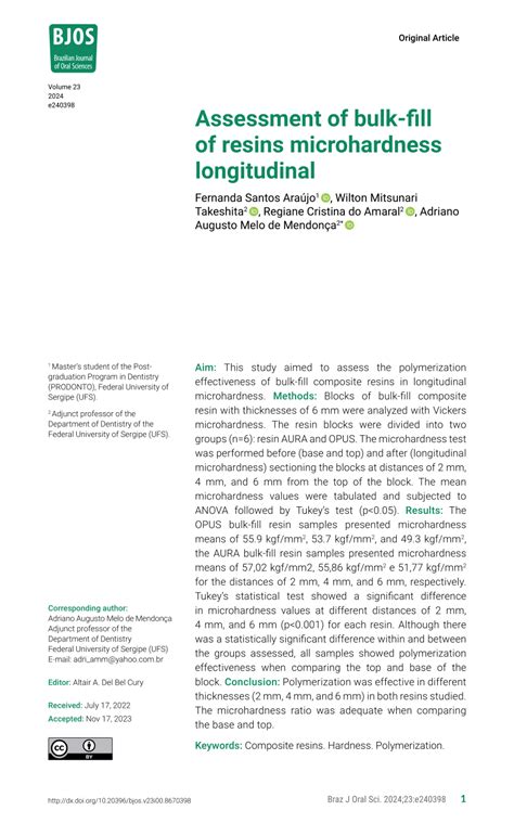 Pdf Assessment Of Bulk Fill Of Resins Microhardness Longitudinal