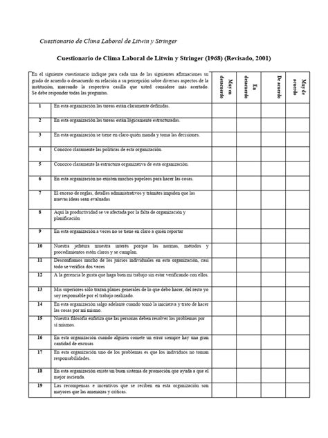 Cuestionario De Clima Laboral De Litwin Y Stringer Pdf