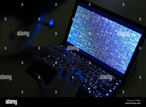 computer hacker silhouette typing on computer in a dark room working