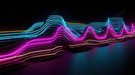 검정색 배경에 네온 색상 다른 색상의 스테레오 스트립의 3d 그림 파도와 유사한 기하학적 줄무늬 추상 분홍색과 파란색 네온 빛나는 배경 일러스트 및 사진 무료 다운로드