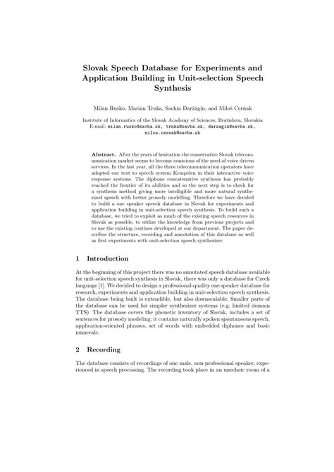 Pdf Slovak Speech Database For Experiments And Application Building In Unit Selection Speech