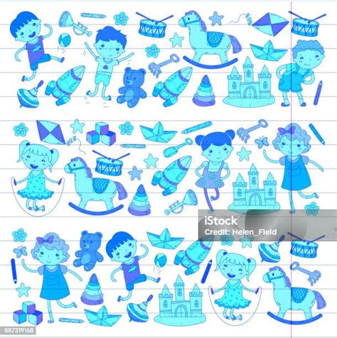 유치원 유치원 보육원 교육 어린이 낙서 패턴 아이 놀이 공부 하는 남자와 여자와 아이 드로잉 아이콘 공간 모험 탐험 상상력 개념 2 3 살에 대한 스톡 벡터 아트 및 기타