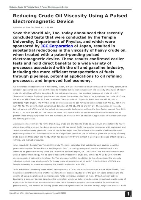 Pdf Reducing Crude Oil Viscosity Using A Pulsed Electromagnetic