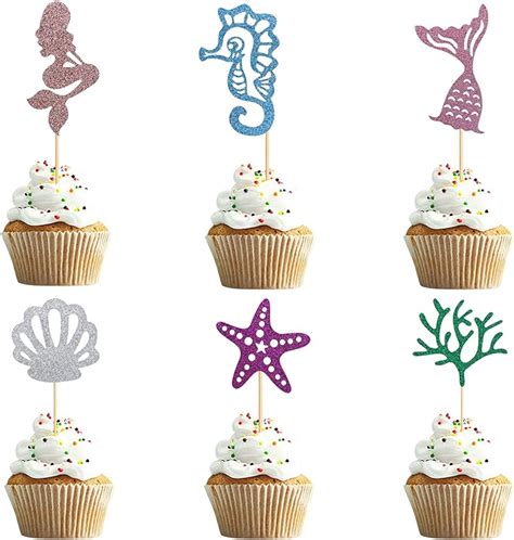 Amazon.com: 24Pcs Mermaid Cupcake Toppers with Shell Seahorse Starfish Coral Mermaid Tail ...