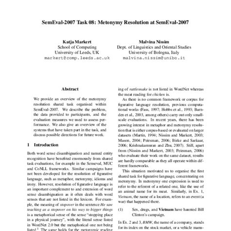 Semeval 2007 Task 08 Metonymy Resolution At Semeval 2007 Acl Anthology
