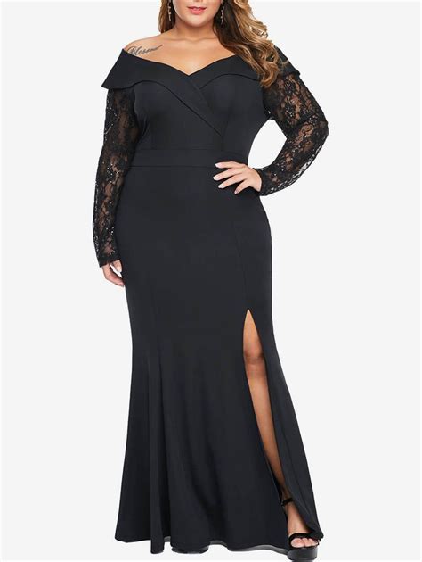 33 Off Plus Size Sequin Lace Sleeve High Slit Maxi Mermaid Dress
