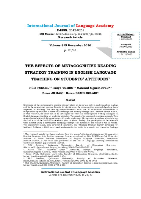 Pdf The Effects Of Metacognitive Reading Strategy Training In English Language Teaching On
