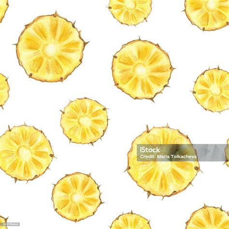 라운드 노란색 파인애플 슬라이스 수채화 완벽 한 패턴 흰색 배경에 고립 벽지 손으로 그린 햇볕이 잘 드는 열대 횡단면 과일