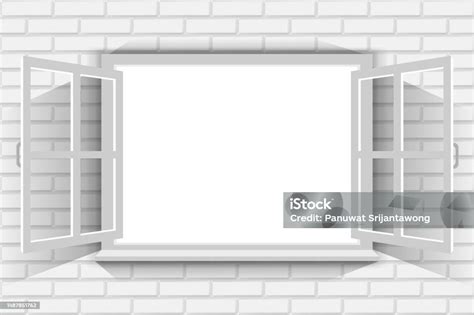 빈 흰색 배경으로 벽돌 벽에 흰색 창을 엽니다 디자인을 위한 공간을 복사합니다 벽에 대한 스톡 벡터 아트 및 기타 이미지 벽