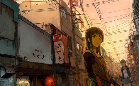 배경 화면 시티 거리 애니메이션 소녀들 건물 하늘 벽 도로 집 도시 미술 골목 정면 1920x1200px 이웃 1920x1200