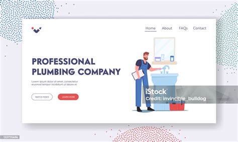 전문 배관 회사 방문 페이지 템플릿 배관공 캐릭터 고정 깨진 싱크대 에 홈 욕실 연관공에 대한 스톡 벡터 아트 및 기타 이미지