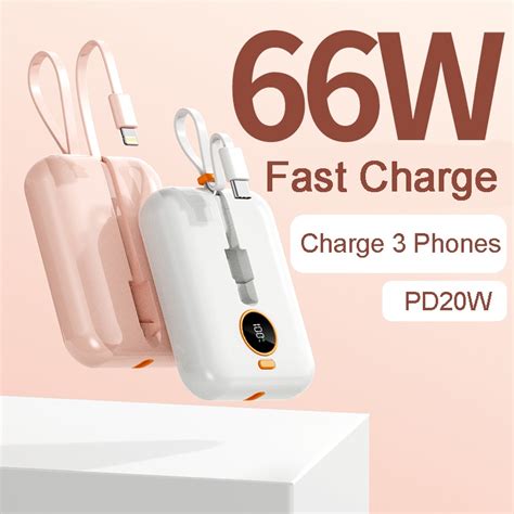66W Powerbank 20000mAh PD 20W Built In Fast Charging Cables LED Display Portable Power Bank For