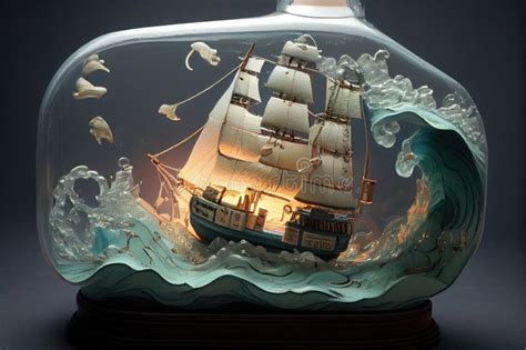 Ship Model With Waves Stormy Seas And Lightning In Bottle Stock Illustration Illustration Of