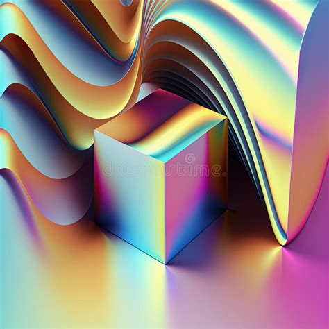 Iridescent Metallic Cube And Wave Form Abstract Modern Luxury Banner Stock Illustration
