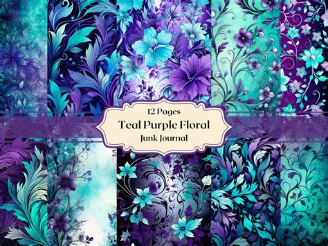 Teal Purple Floral Digital Paper Floral Wallpaper Scrapbook Paper Teal