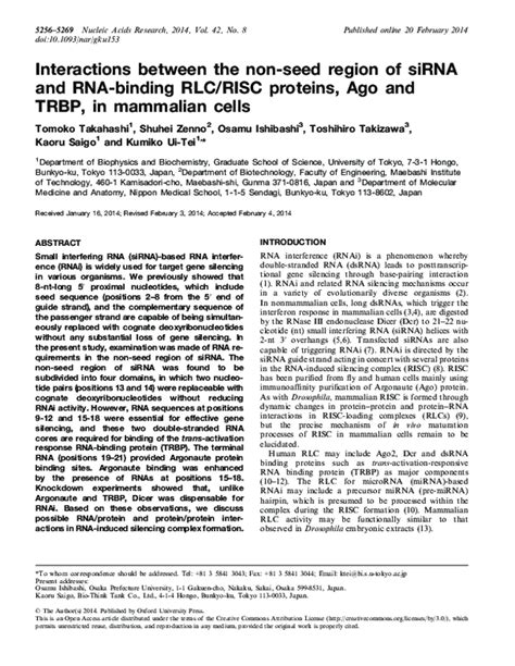 Pdf Interactions Between The Non Seed Region Of Sirna And Rna Binding Rlc Risc Proteins Ago