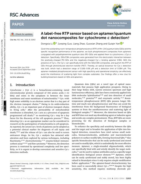 Pdf A Label Free Rtp Sensor Based On Aptamerquantum Dot Nanocomposites For Cytochrome C Detection