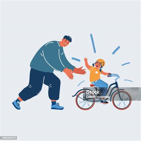 아버지와 처음으로 자전거를 타는 법을 배우는 어린 소녀의 벡터 일러스트레이션 아버지의 날 Consept 부모에 대한 스톡 벡터 아트 및 기타 이미지 Istock