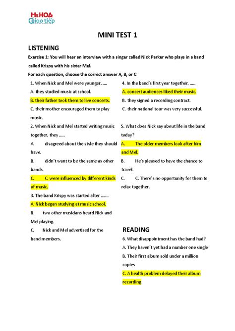 minitest 1 nguyen minitest mini test 1 listening exercise 1 you