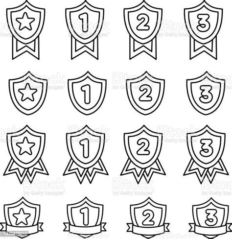 방패 메달 윤곽선 아이콘의 집합입니다 방패 모양을 설정합니다 우승자를 위한 개요 메달 트로피 설정 경쟁에 대한 스톡 벡터 아트 및 기타 이미지 Istock