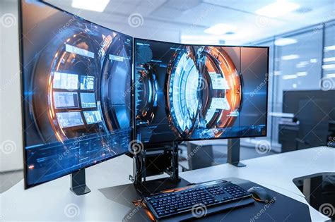 modern workspace featuring high tech triple monitor setup with sleek