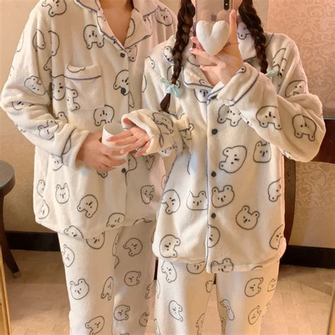 오로니 곰돌이 극세사 커플 수면 잠옷 겨울 긴팔 여성 남성 빅사이즈 기모 파자마 실내복
