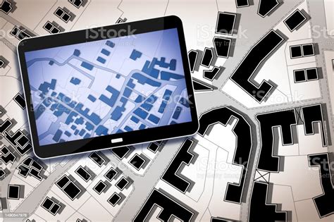 건물과 토지 구획이 있는 영토의 가상 지적 지도 디지털 태블릿의 3d 렌더링이 있는 개념 개념에 대한 스톡 벡터 아트 및 기타 이미지 Istock