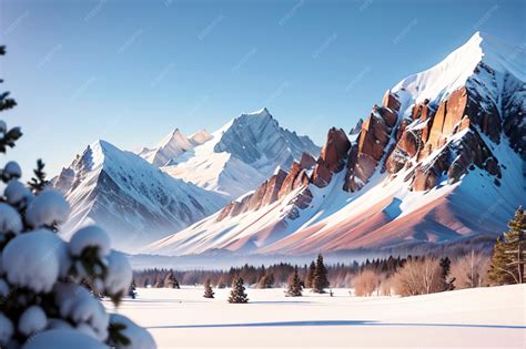 Premium Photo A Snowy Mountain Landscape With Snow Covered Mountains