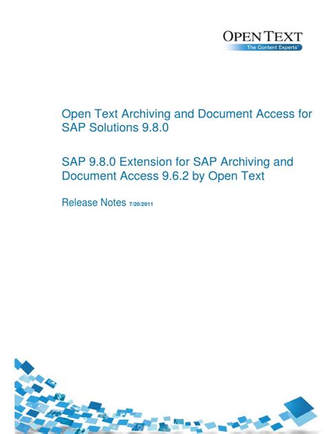 01 Open Text Archiving And Document Access For Sap Solutions 9 8 0 Release Notes Pdf Sap