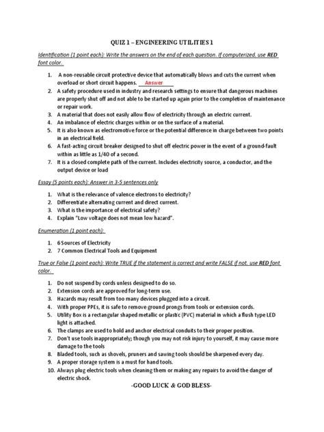 Quiz 1 Engineering Utilities 1 Download Free Pdf Electricity Voltage