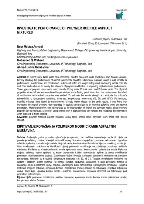 Pdf Investigate Performance Of Polymer Modified Asphalt Mixtures