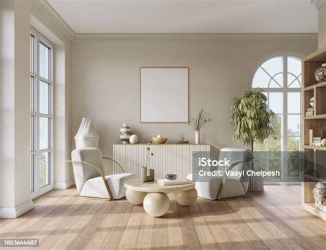 부드러운 중성 톤의 거실의 현대적인 인테리어 디자인 인테리어 모형 3d 렌더링 0명에 대한 스톡 사진 및 기타 이미지 0명 3차원 형태 가구 Istock