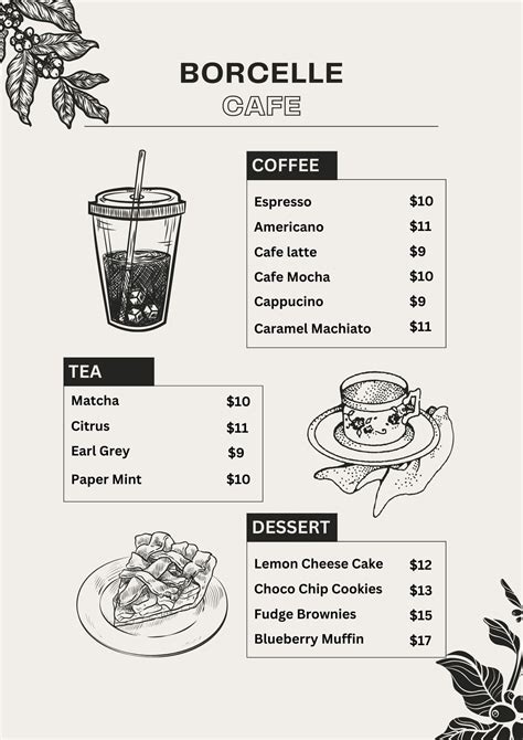cafe menu sheet
