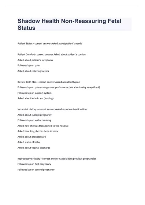 Shadow Health Non Reassuring Fetal Status Correctly Answered Test 2024