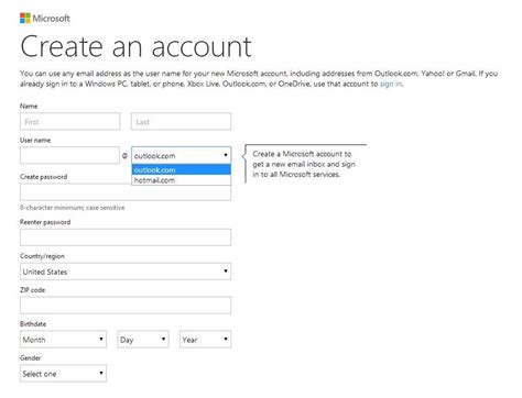 can t create a new email account at with a