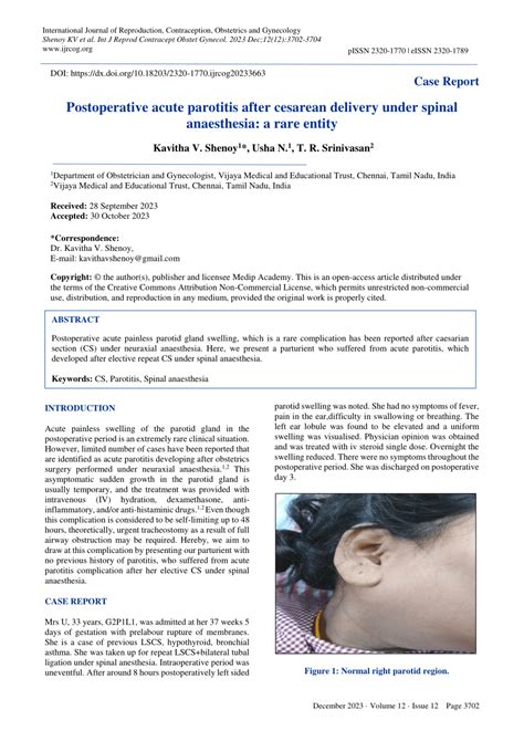 Pdf Postoperative Acute Parotitis After Cesarean Delivery Under Spinal Anaesthesia A Rare Entity