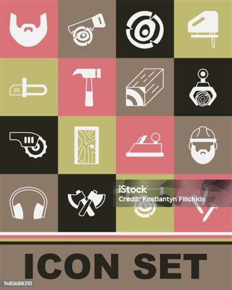 금속 못 벌목꾼 그래플 크레인 잡은 통나무 나무 통나무 망치 전기톱 콧수염 수염 및 빔 아이콘을 설정합니다 벡터 0명에 대한 스톡 벡터 아트 및 기타 이미지 Istock