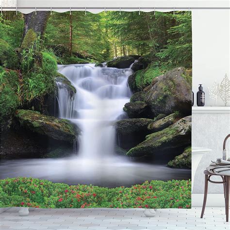 Dreamy Forest Trees Flowers Green Waterfall Shower Curtain Nature