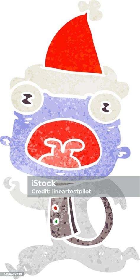 산타 모자를 쓰고 도망가는 이상한 외계인의 손으로 그린 복고풍 만화 0명에 대한 스톡 벡터 아트 및 기타 이미지 0명 귀여운 기이함 Istock