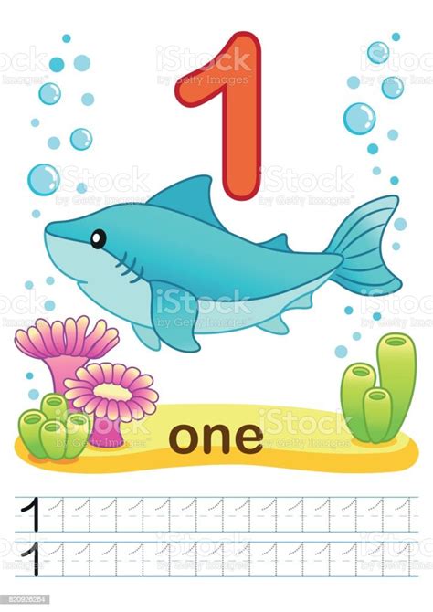 유치원과 유치원에 대 한 인쇄용 워크시트입니다 숫자를 작성 하기 위한 훈련 연습입니다 조류와 해양 생물 산호 수 중 배경 밝은 큰 숫자와 글에 대 한 샘플입니다 상어상목에
