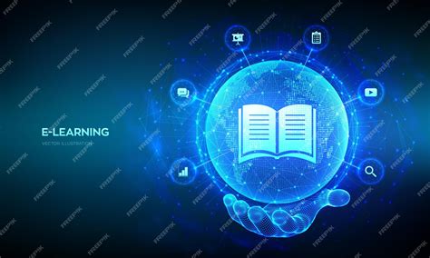 Elearning 혁신적인 온라인 교육 기술 개념 세계 지도 점 및 선 구성 손에 지구 행성 지구 웹 세미나 온라인 교육 과정 기술 개발 벡터 일러스트 레이 션 프리미엄 벡터