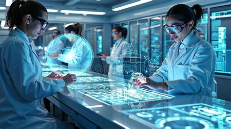 Future Of Science Female Scientists Working With Advanced Technology In A Futuristic Laboratory